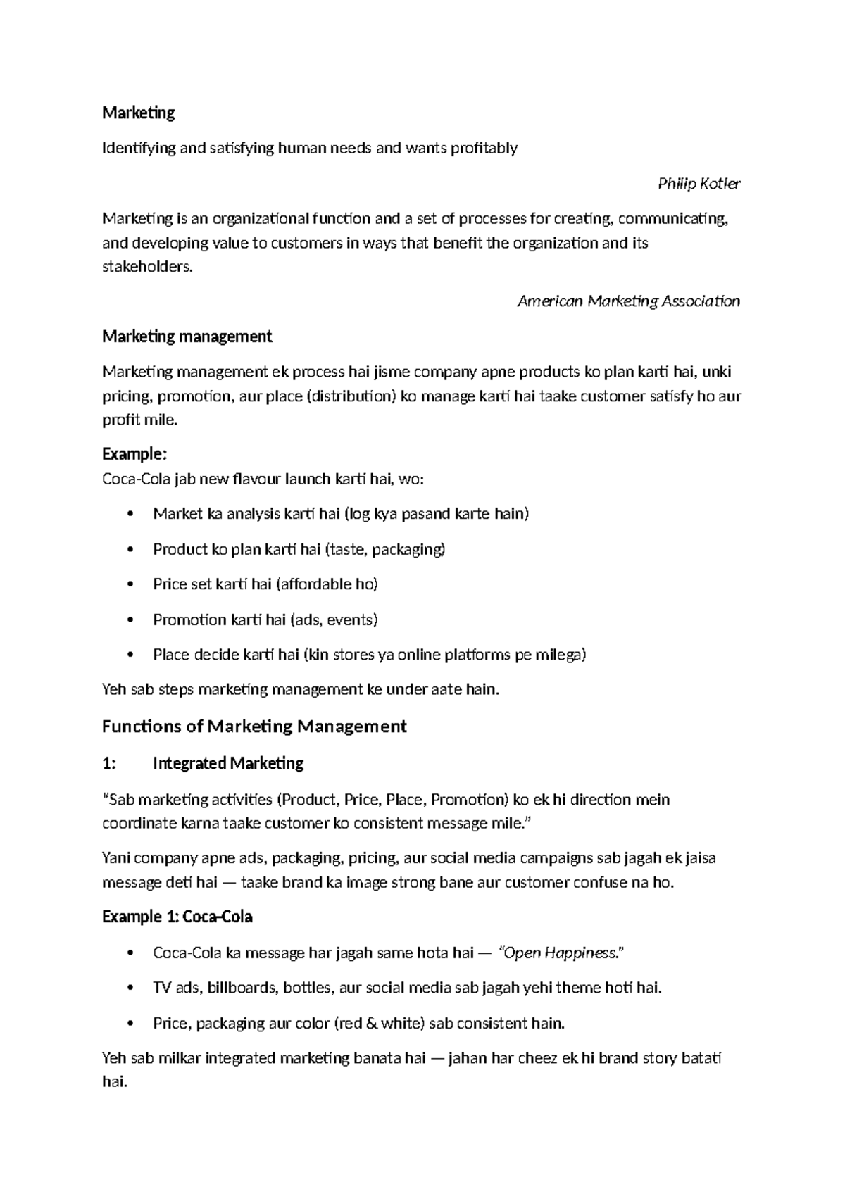 Marketing Management - Lecture Notes on Human Needs & Profitability ...