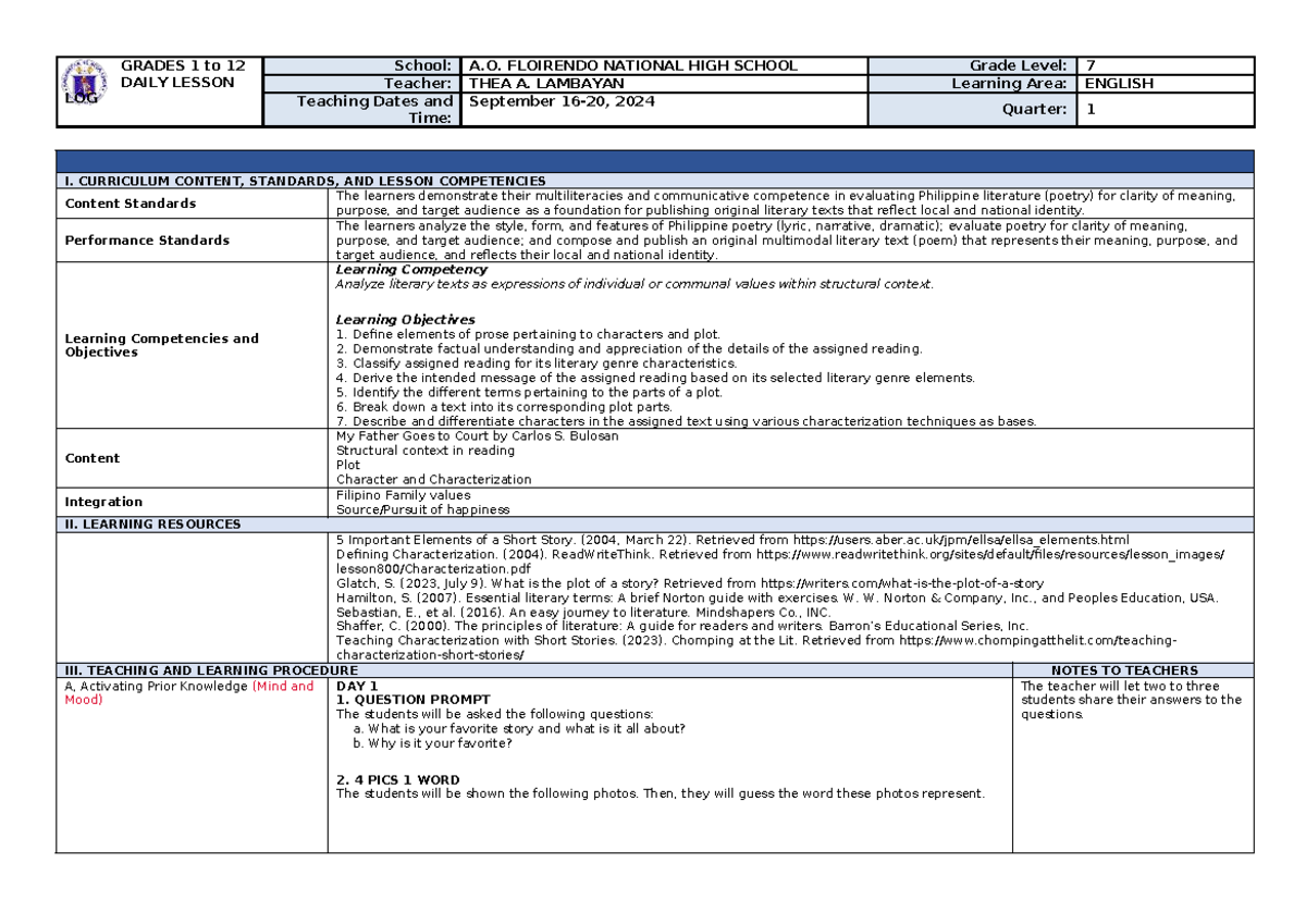 Grade 7 English Daily Lesson Plan: Analyzing Philippine Literature ...