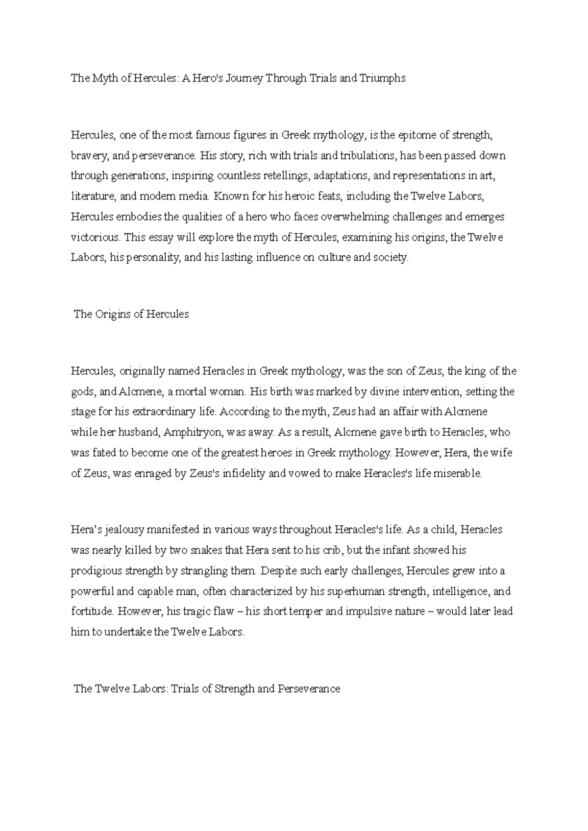 Hercules: Trials, Triumphs, and Cultural Impact - Mythology Essay - Studocu