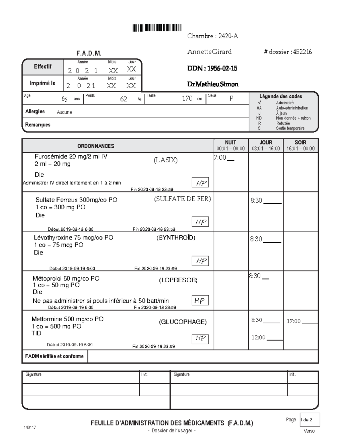 Feuille d’Administration des Médicaments (FADM) - Année 2021 à 2020 ...