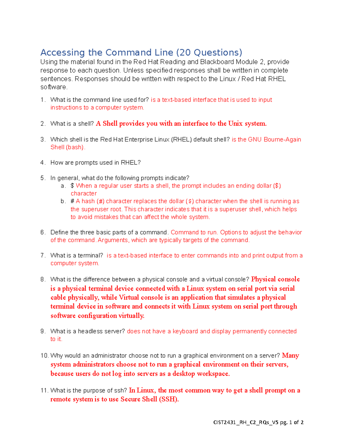 CIST2431 RH C2 RQs V5 - RHEL - Accessing the Command Line (20 Questions ...