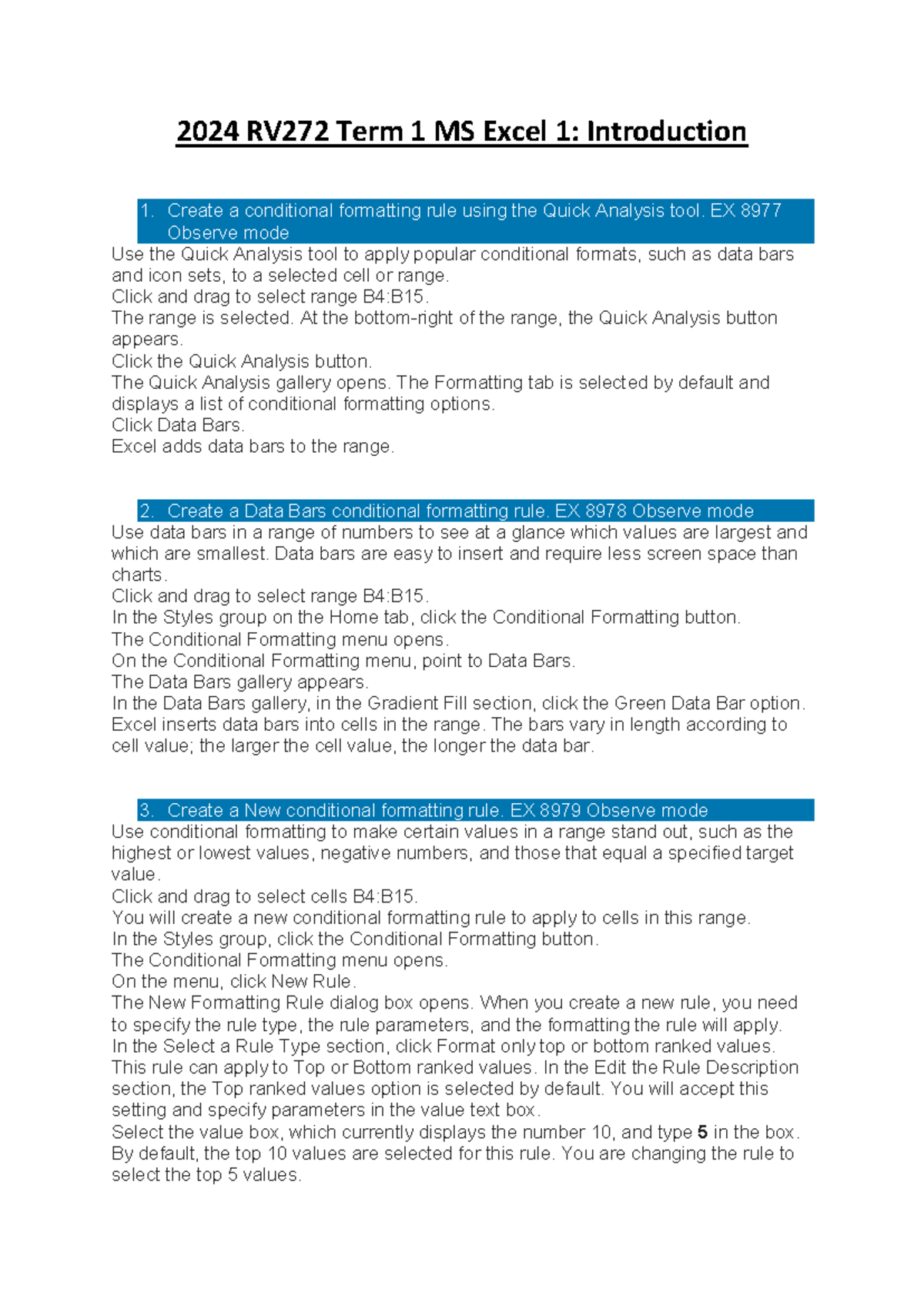2024 RV272 Term 1 MS Excel 1: Conditional Formatting Techniques - Studocu