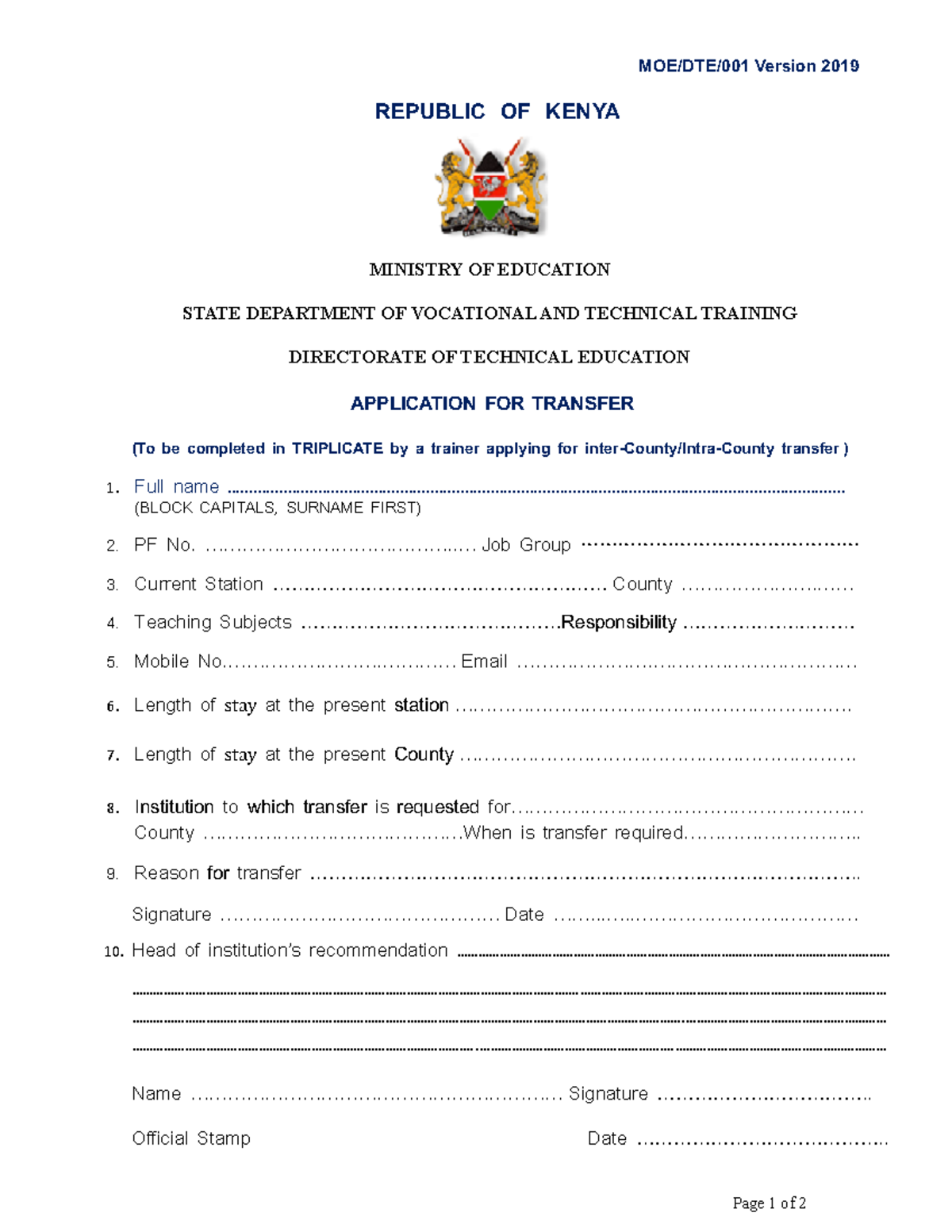 Application for Transfer Form - MOE/DTE/001 Version 20 19 - Studocu