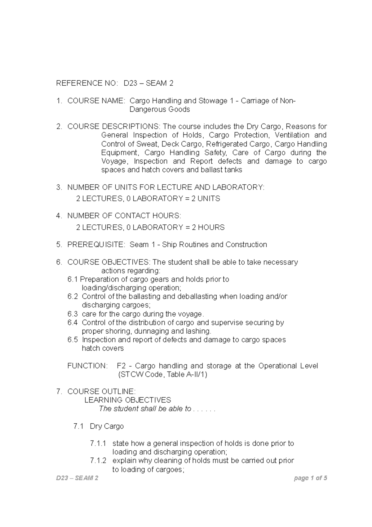 Cargo Handling and Stowage 1 (D23 - SEAM 2) Course Overview - Studocu