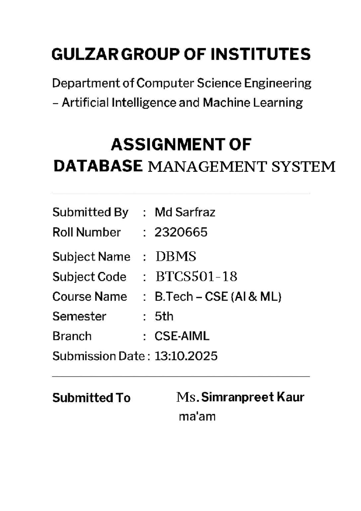 DBMS Assignment 1: Data Abstraction & Independence in Databases - Studocu