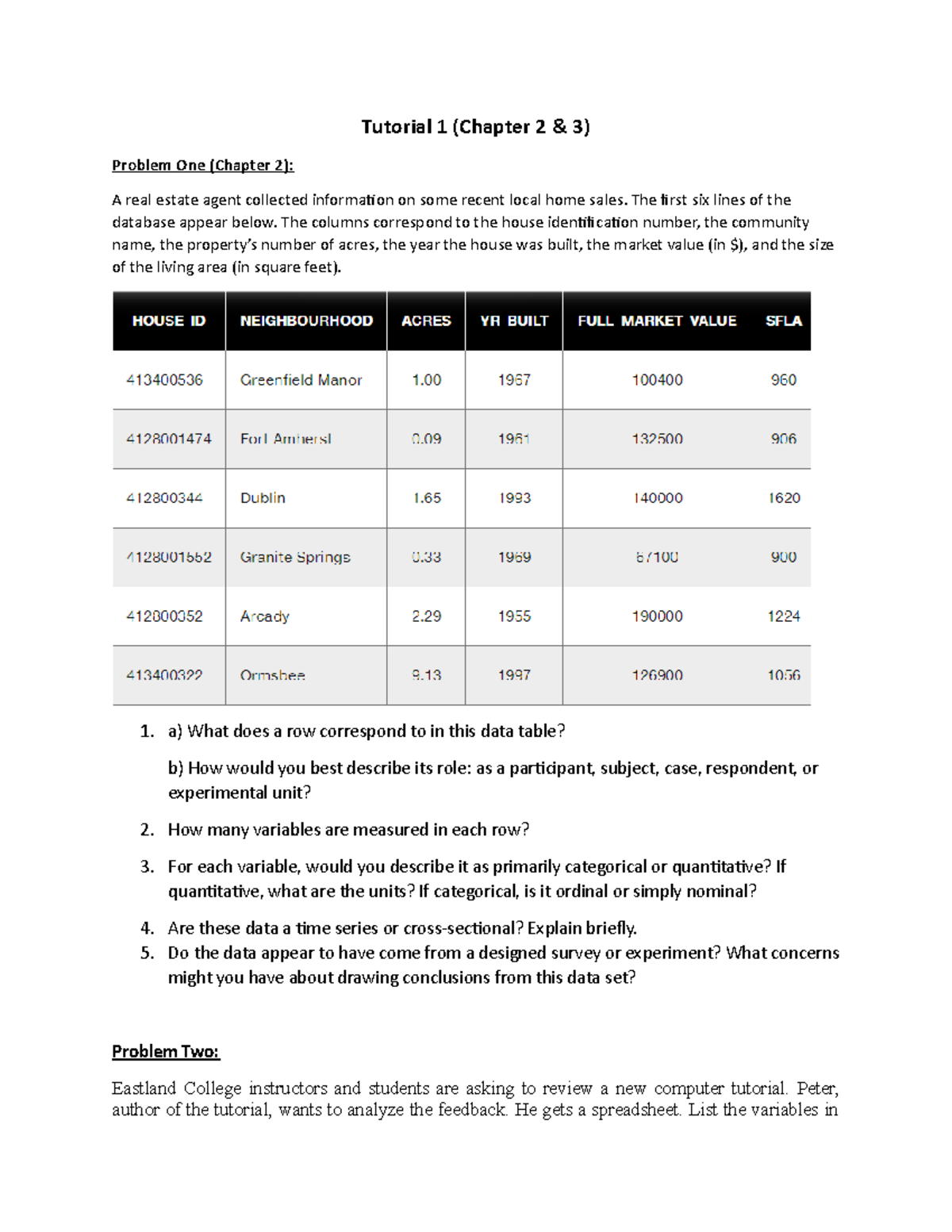 Tutorial 1 - Data Analysis Problems for Chapters 2 & 3 - Studocu
