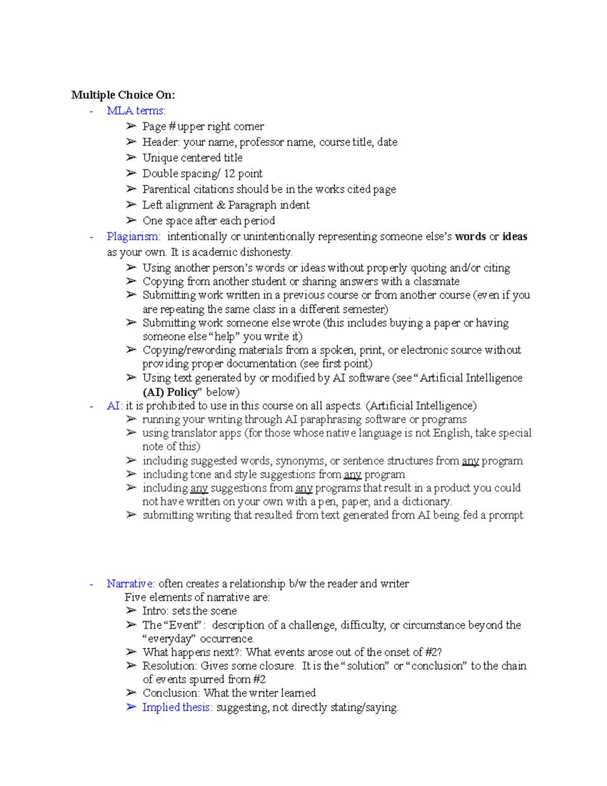 MLA Guidelines and Narrative Elements Overview - Studocu