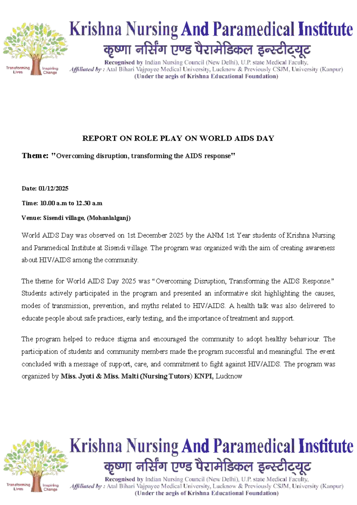 Report on World AIDS Day 2025: Role Play & Community Awareness - Studocu
