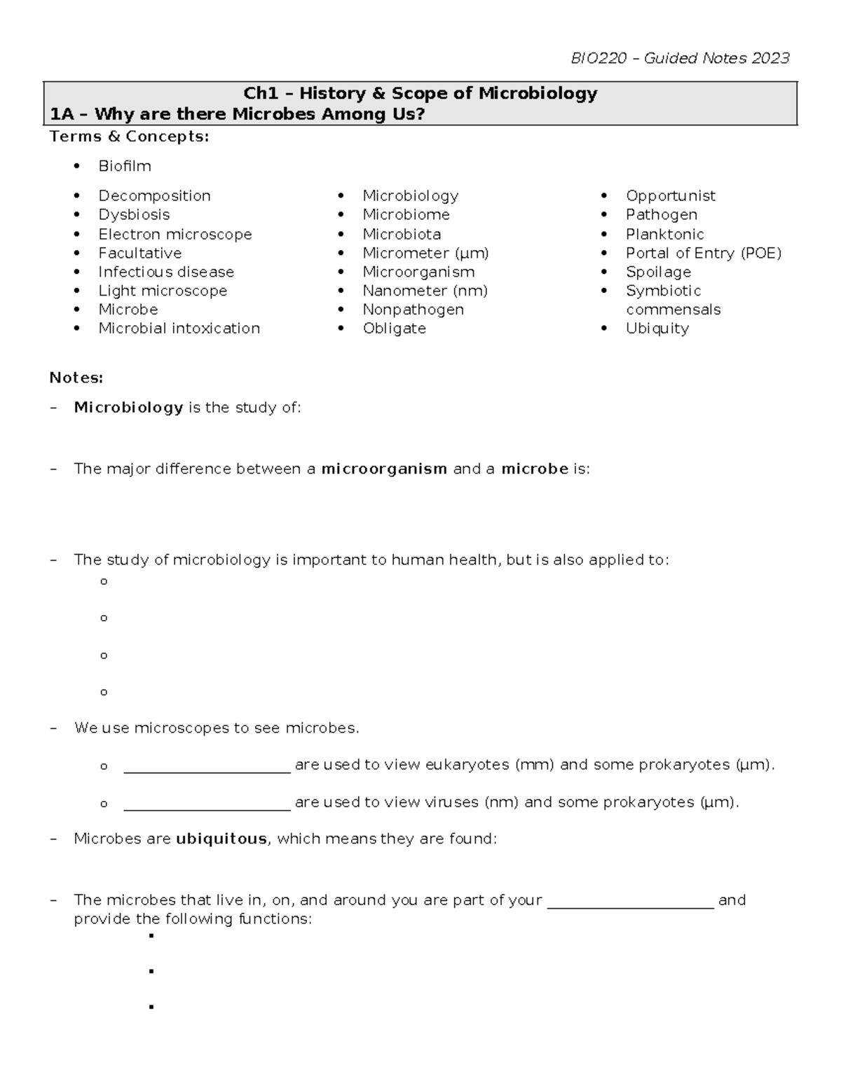 BIO220 Guided Notes 2023: Ch1 History & Scope of Microbiology - Studocu