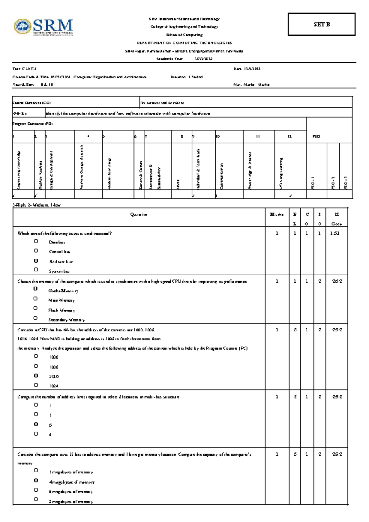 SET B - MCQs for 18CSC203J: Computer Organization & Architecture - Studocu