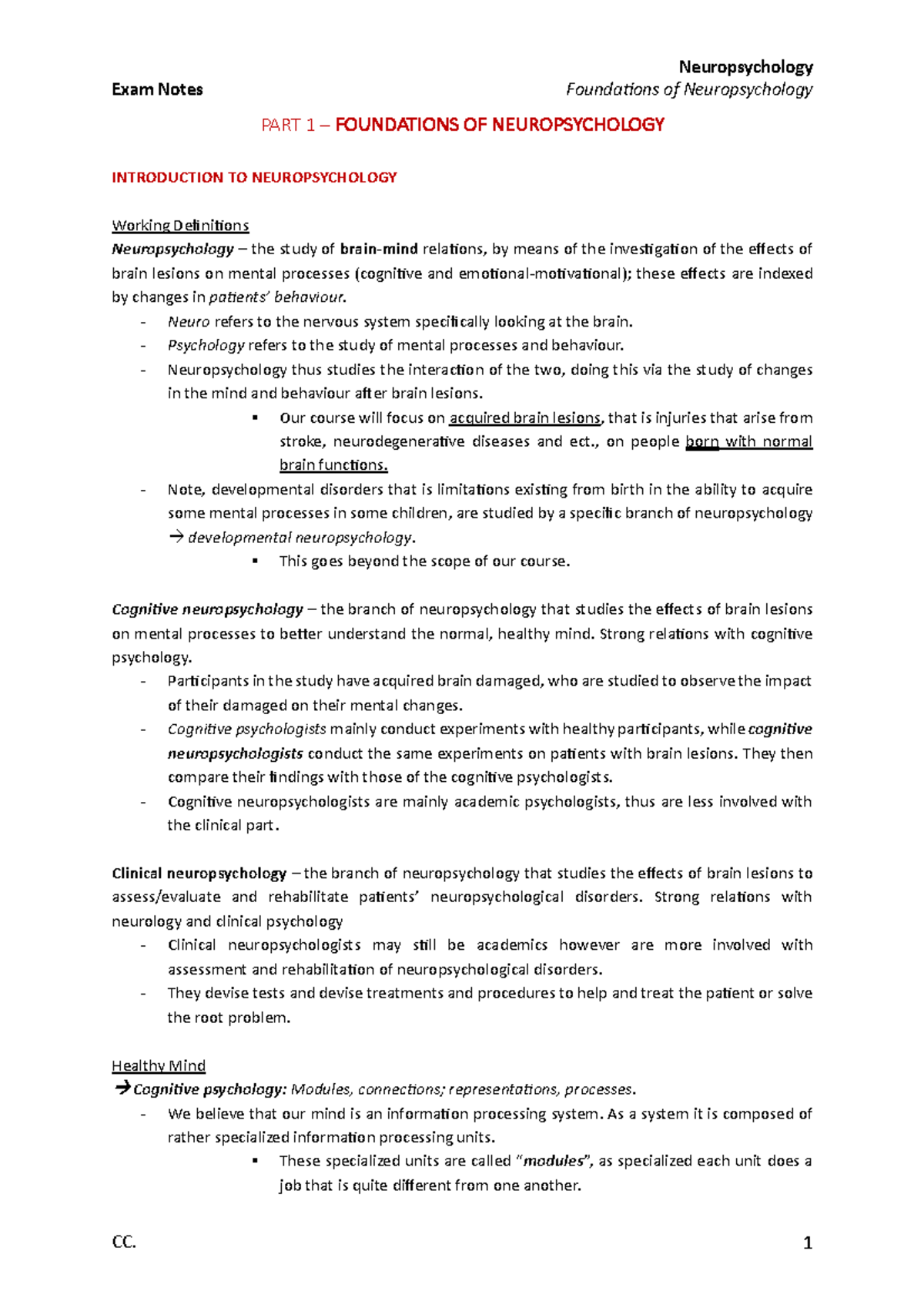 Lecture Notes: Foundations of Neuropsychology (Course Code: NP101 ...
