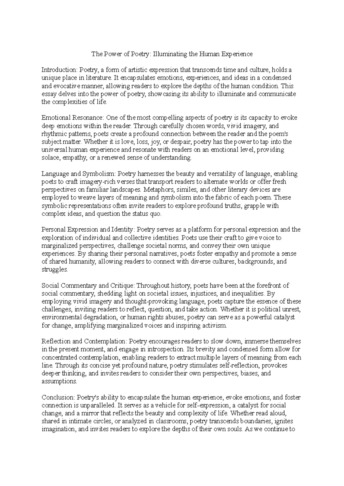 ENG 201 Power of Poetry: An Essay on Its Impact and Significance - Studocu
