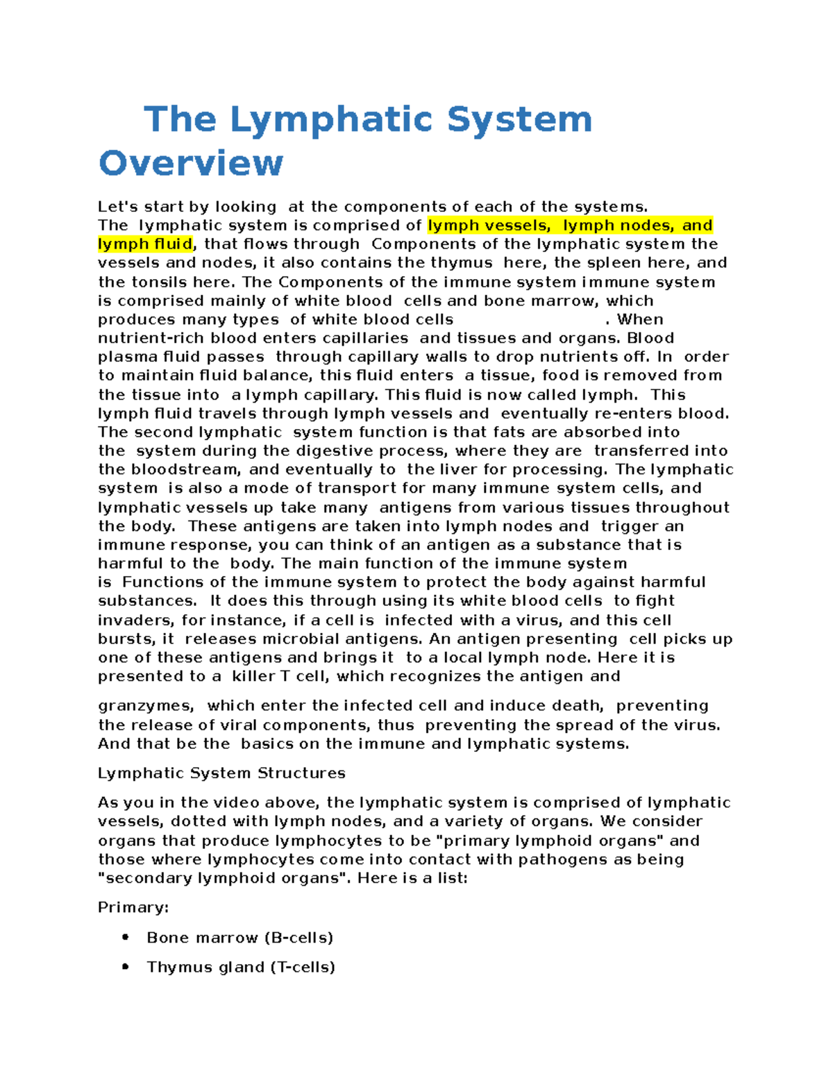 Lymphatic and Immune Systems Overview: Structure & Functions - Studocu