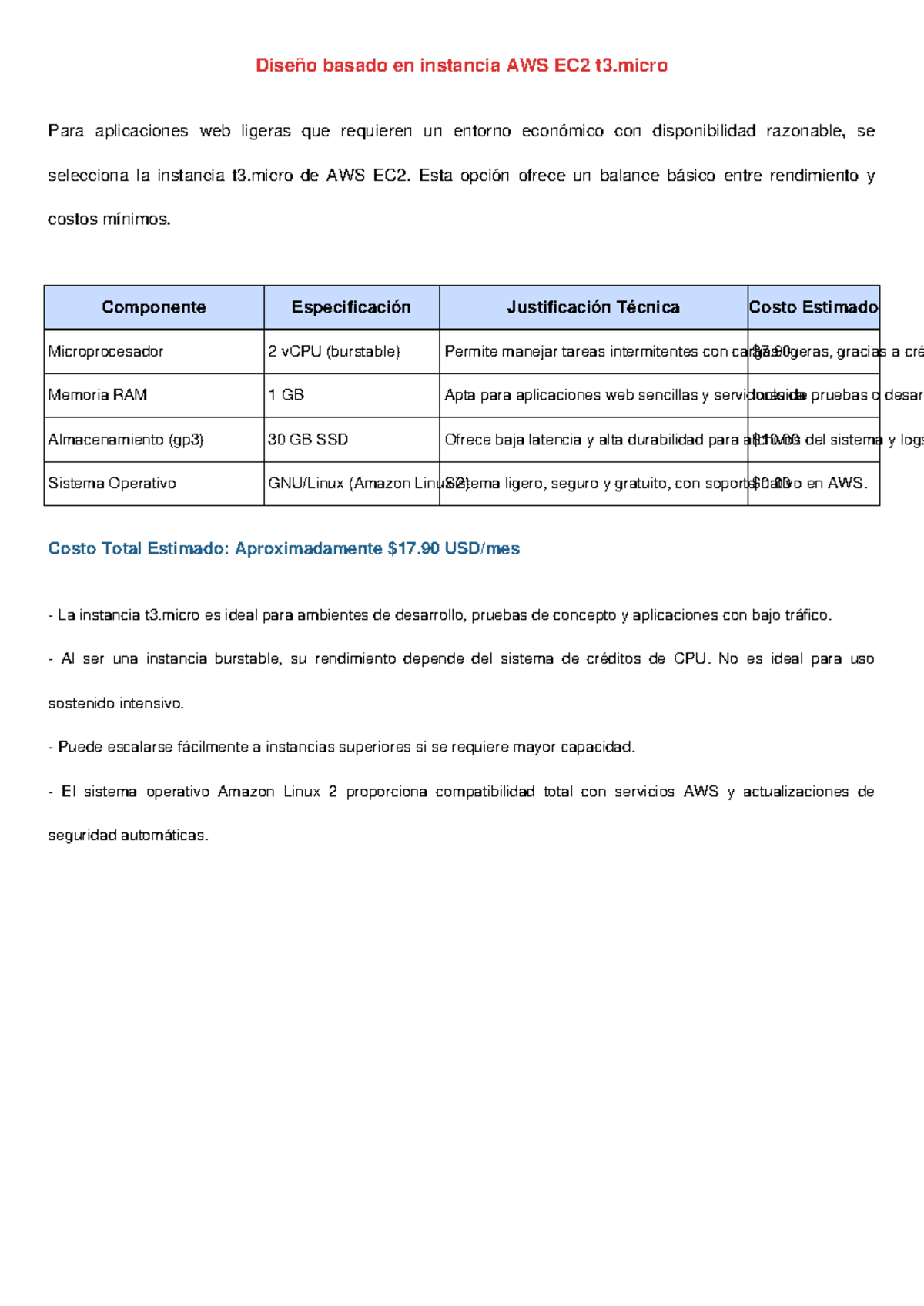 Diseño de Instancia t3.micro AWS EC2 para Aplicaciones Web Ligeras ...