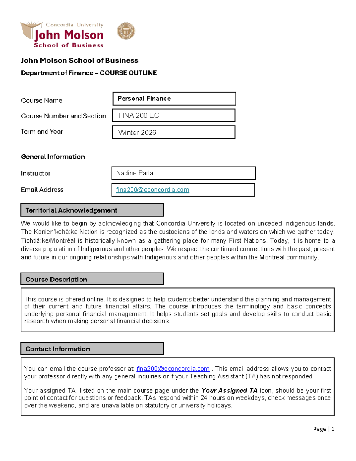 Personal Finance Course Outline FINA 200 EC Winter 2026 - Studocu