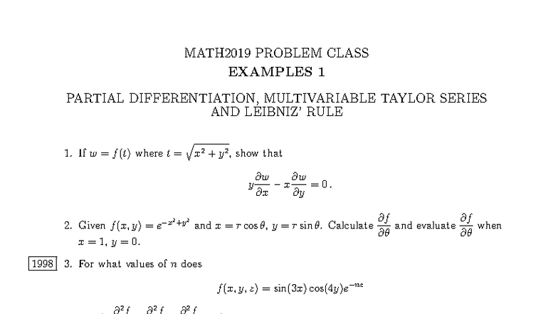 MATH2019 PROBLEM CLASS EXAMPLES: PARTIAL DIFFERENTIATION & VECTOR ...