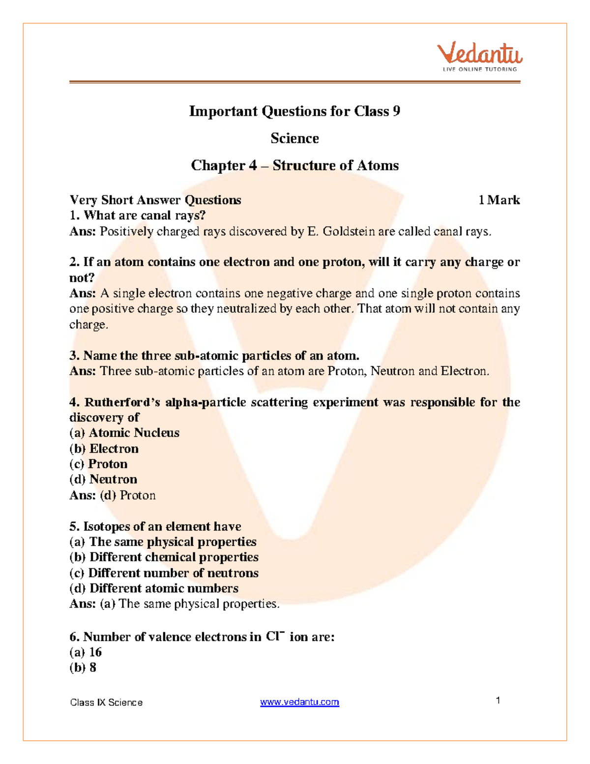 Structure of Atoms: Important Questions for Class IX Science - Studocu