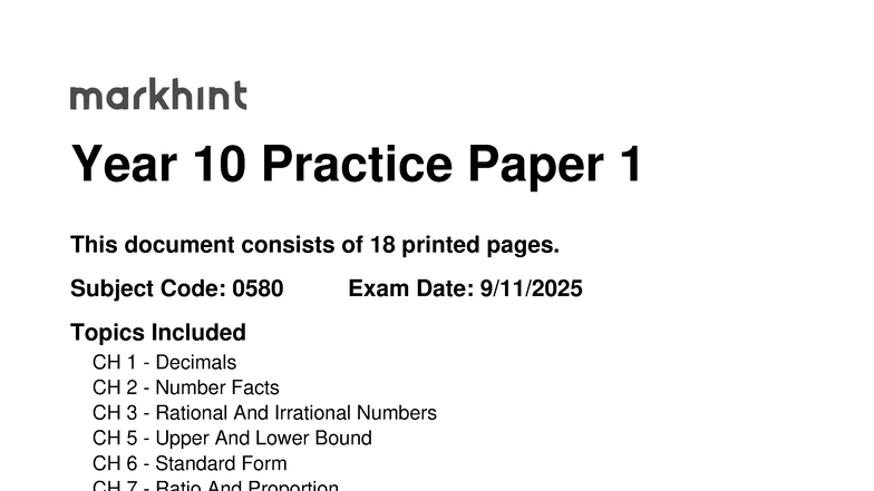 Year 10 Math Practice Paper 1 (Code: 0580) - Topics & Instructions ...