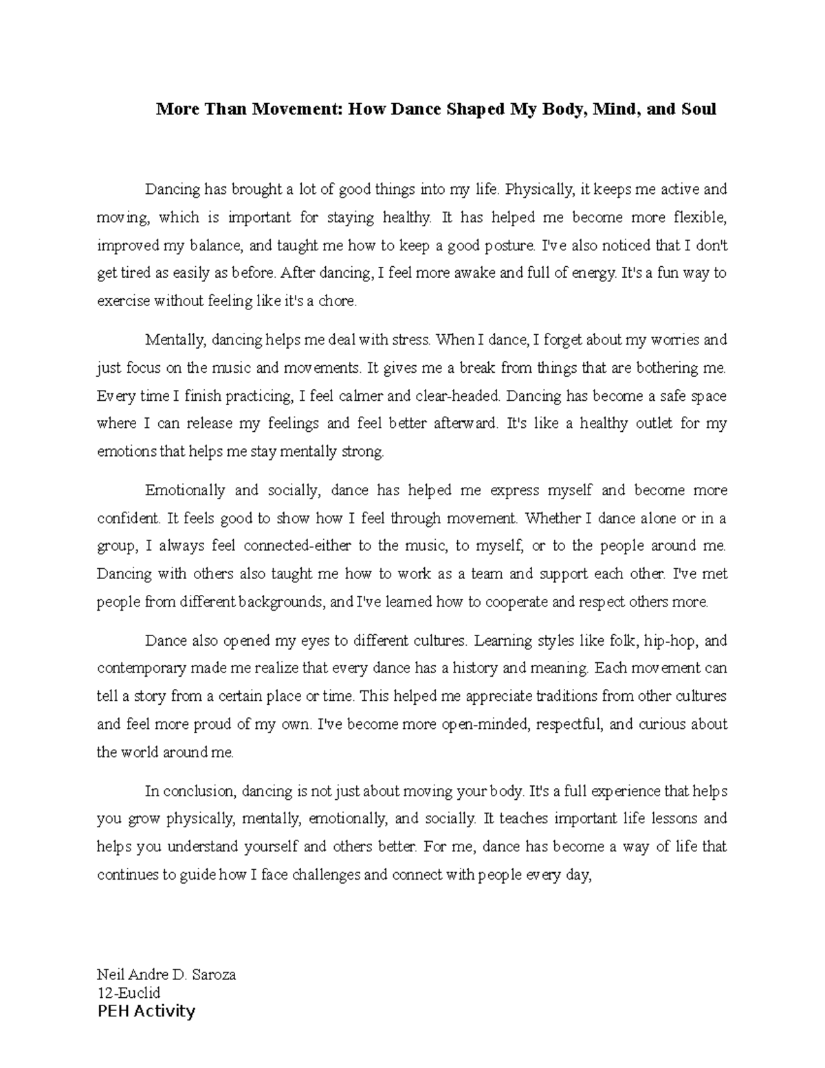 PEH Activity: The Transformative Power of Dance on Body and Mind - Studocu