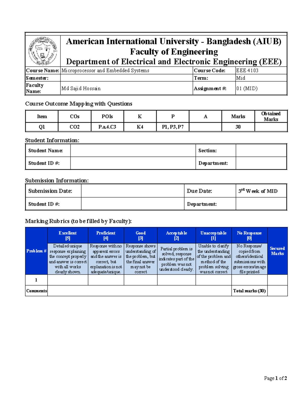 CO2 4103 Midterm Assignment on Microprocessors and Embedded Systems - Studocu