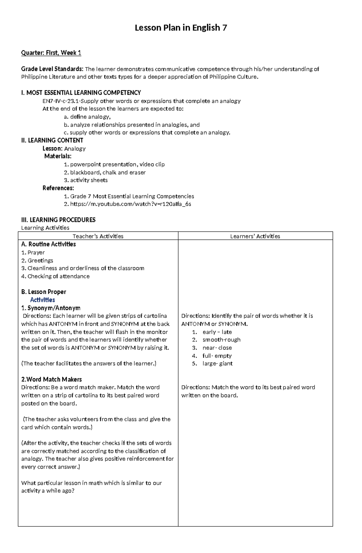 Lesson Plan: English 7 - Analogy Activities for First Quarter - Studocu