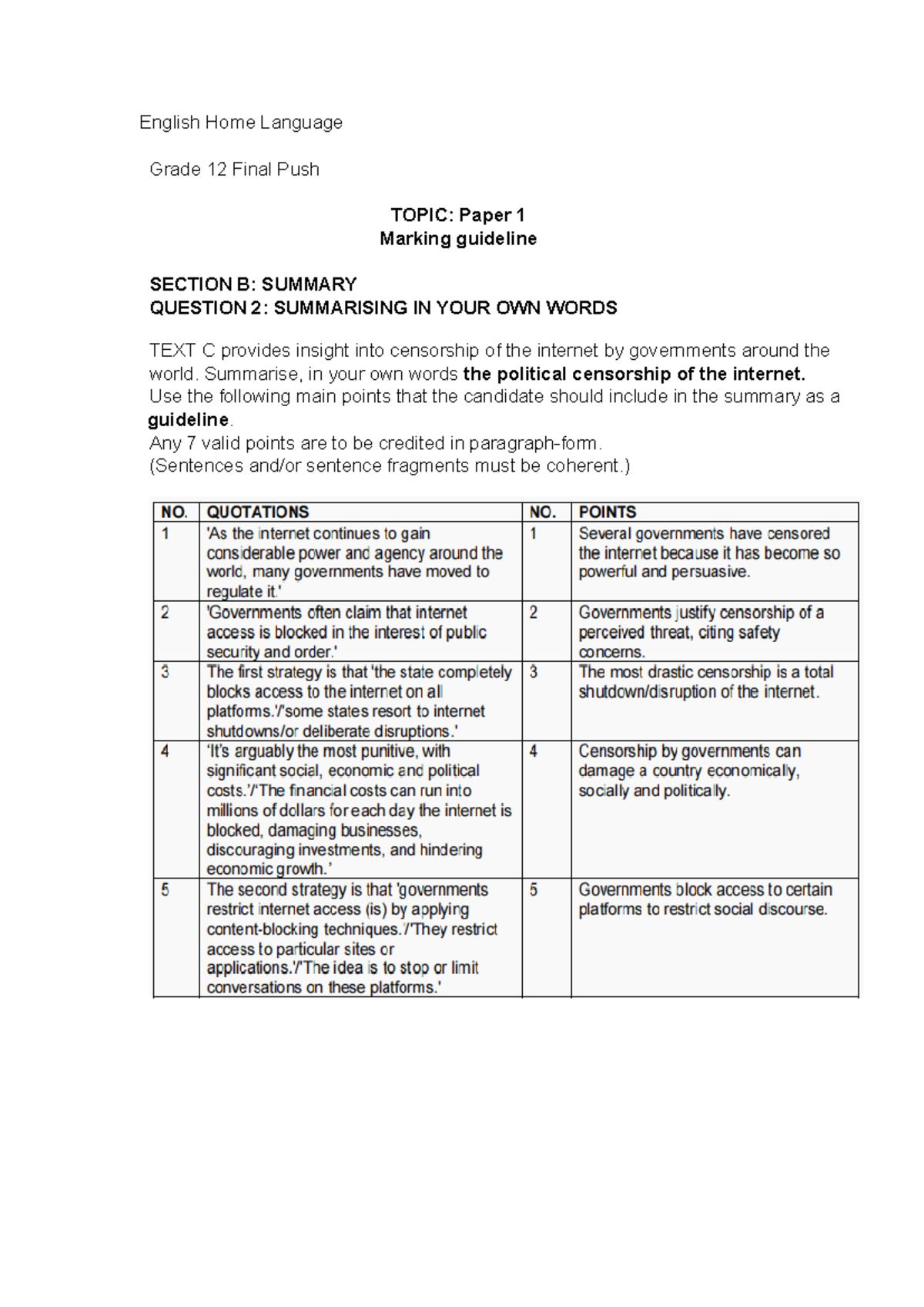 Eng HL Paper 1 worksheet marking guideline - English Home Language ...