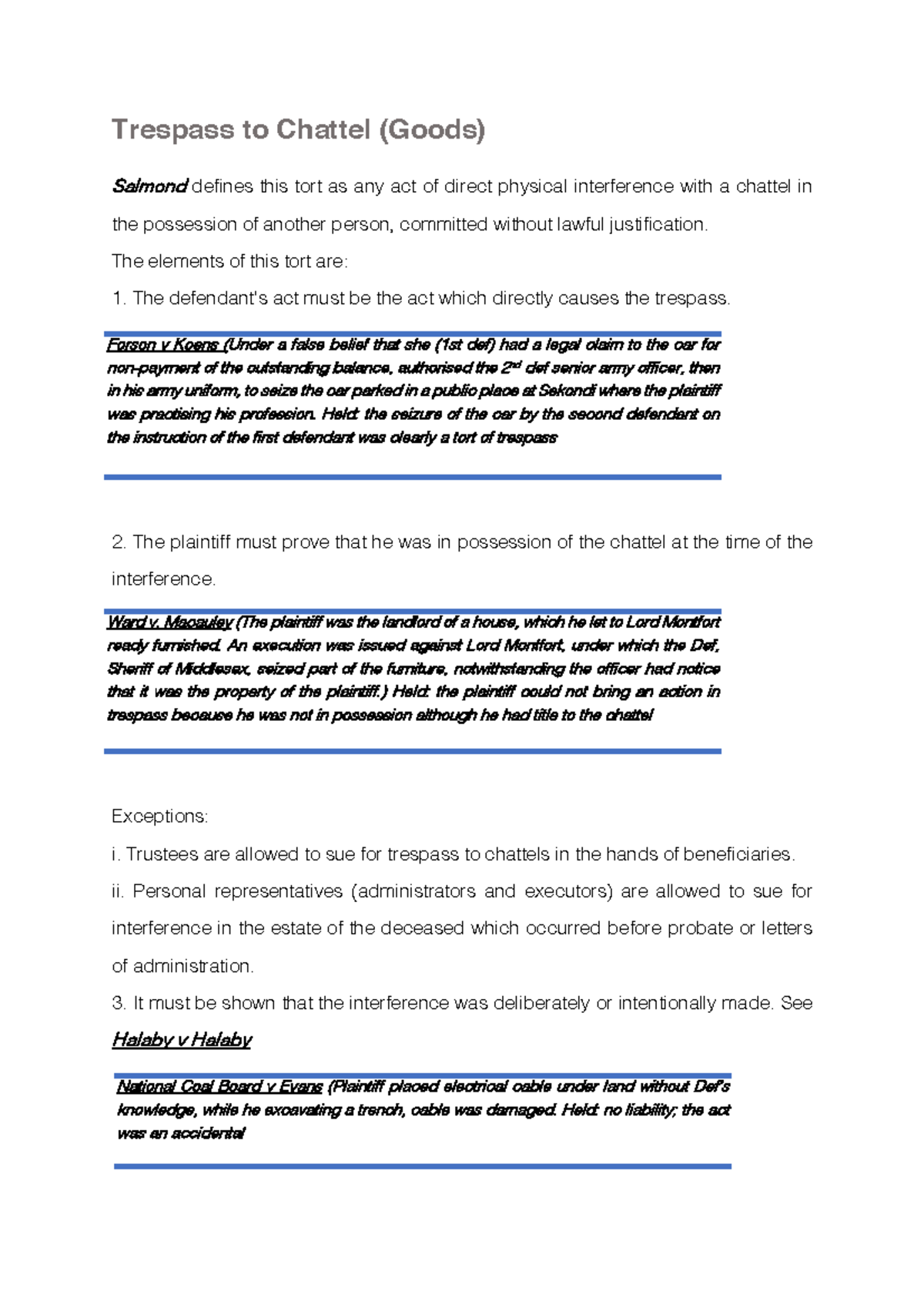 Trespass to Chattel: Key Elements and Case Law Analysis - Studocu