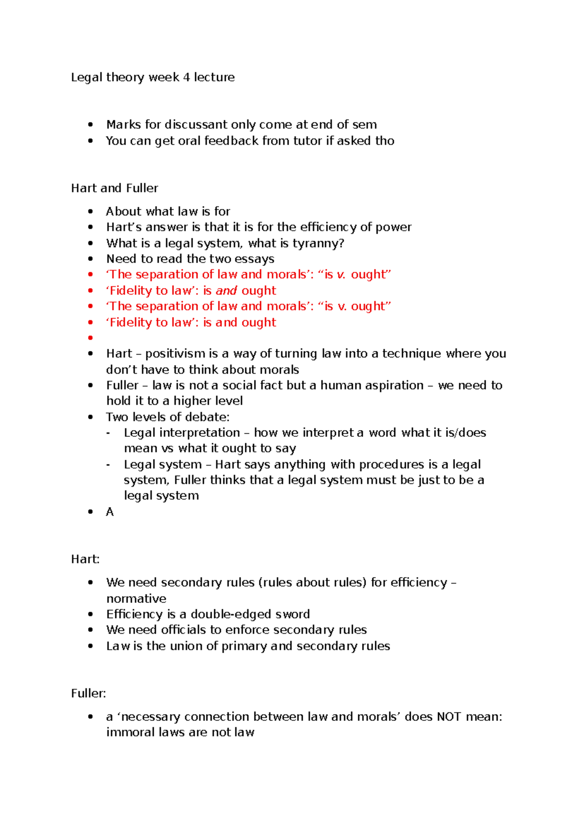 Legal Theory Week 4 Lecture: Hart vs. Fuller on Law and Morality - Studocu