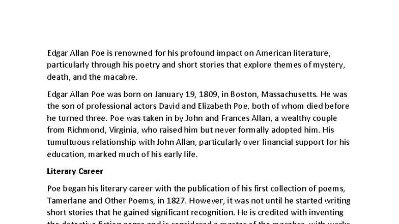 Edgar Allan Poe: Comprehensive Study Notes on His Life & Works - Studocu