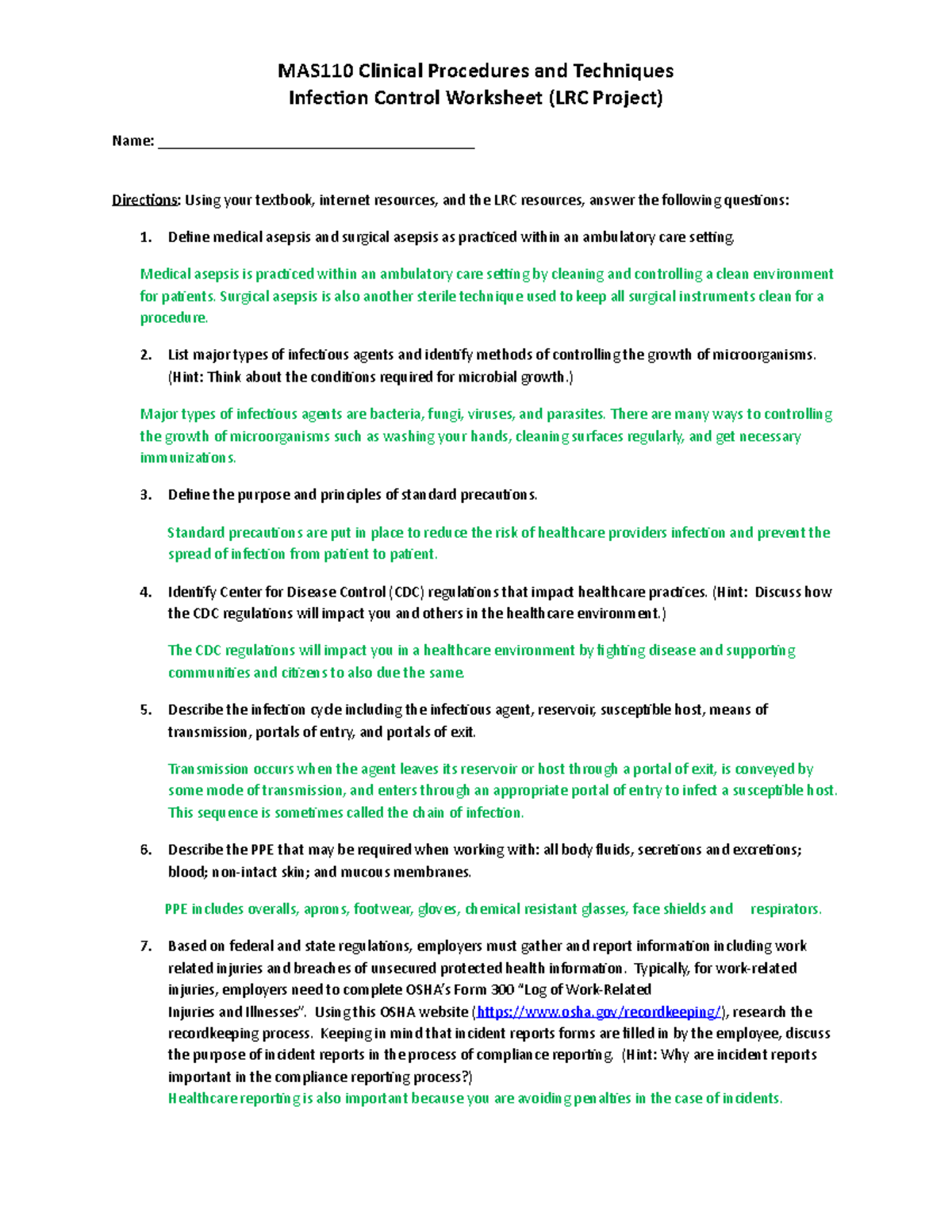 MAS110 Week 1 Infection Control Worksheet: Medical Procedures ...