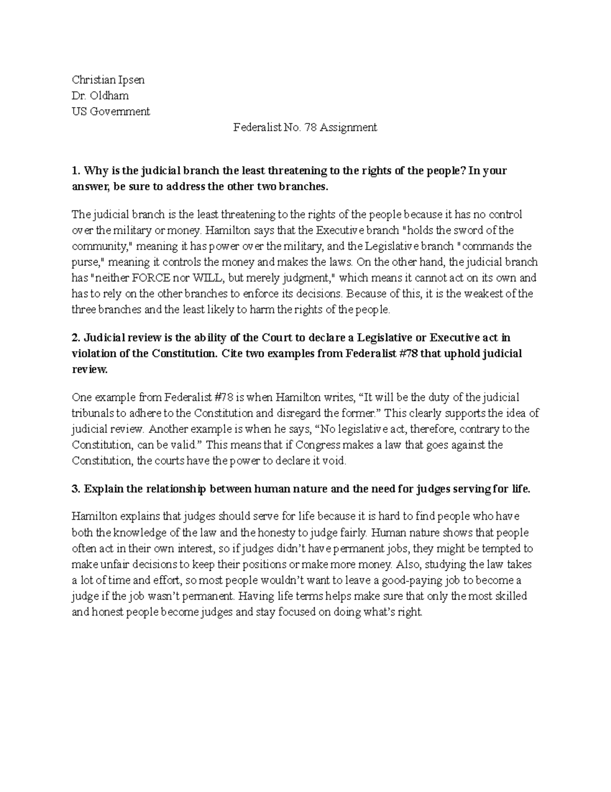 US Government Assignment 1: Federalist No. 78 Analysis - Studocu
