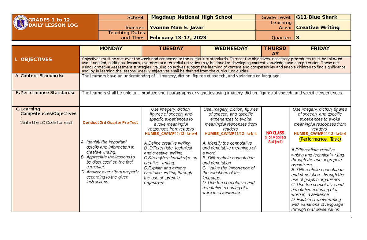 Q3-W1 Daily Lesson Log for Creative Writing (G11 - HUMSS_CW) - Studocu