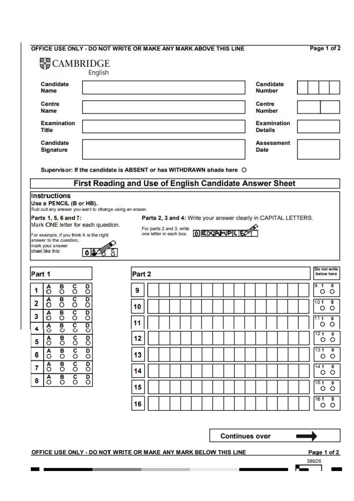 B2 First Reading and Use of English Answer Sheet - Studocu