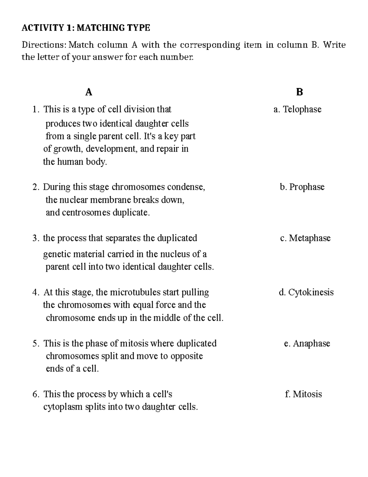 Activity 1 - none - ACTIVITY 1: MATCHING TYPE Directions: Match column ...