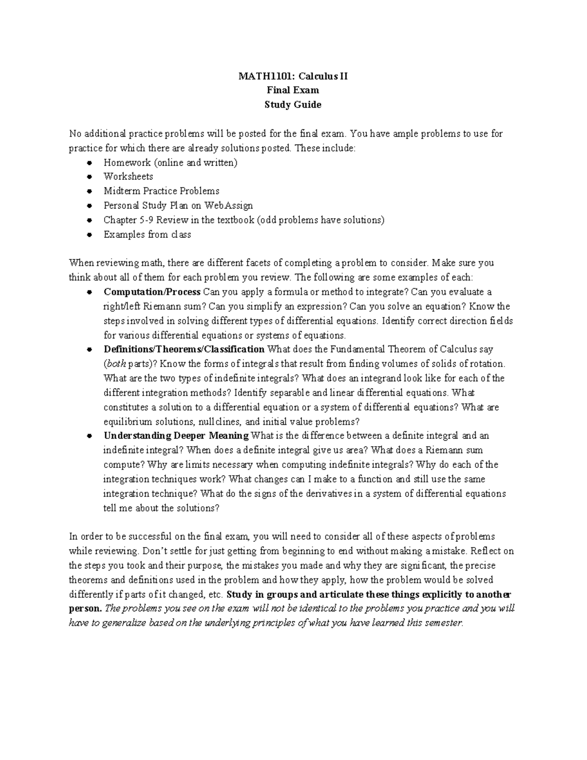 MATH1101: Calculus II Final Exam Study Guide & Review Tips - Studocu