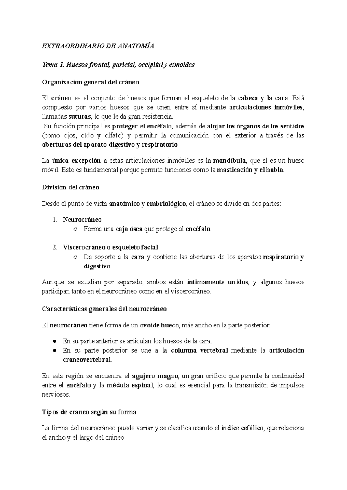 Repaso Final de Anatomía: Huesos del Cráneo y su Organización - Studocu
