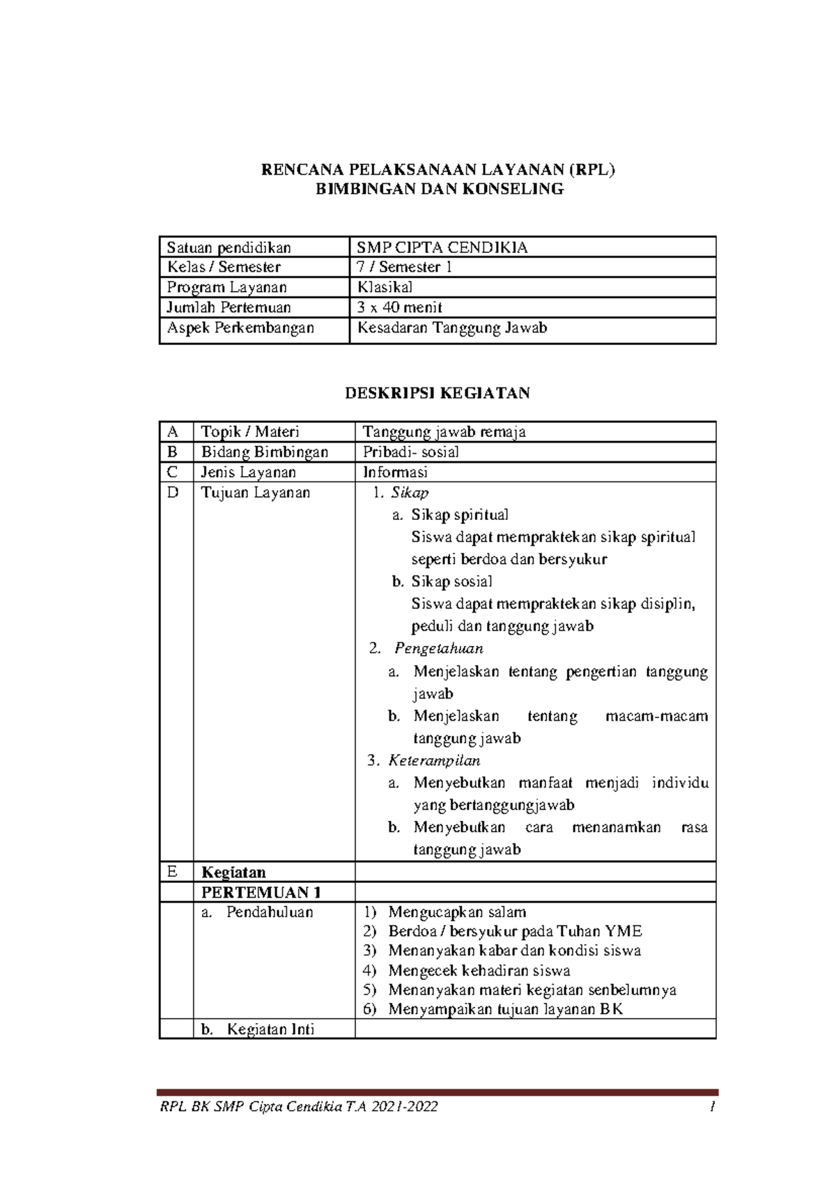 RPL BK KLS 7 - Rencana Pelaksanaan Layanan Tanggung Jawab dan Etika ...