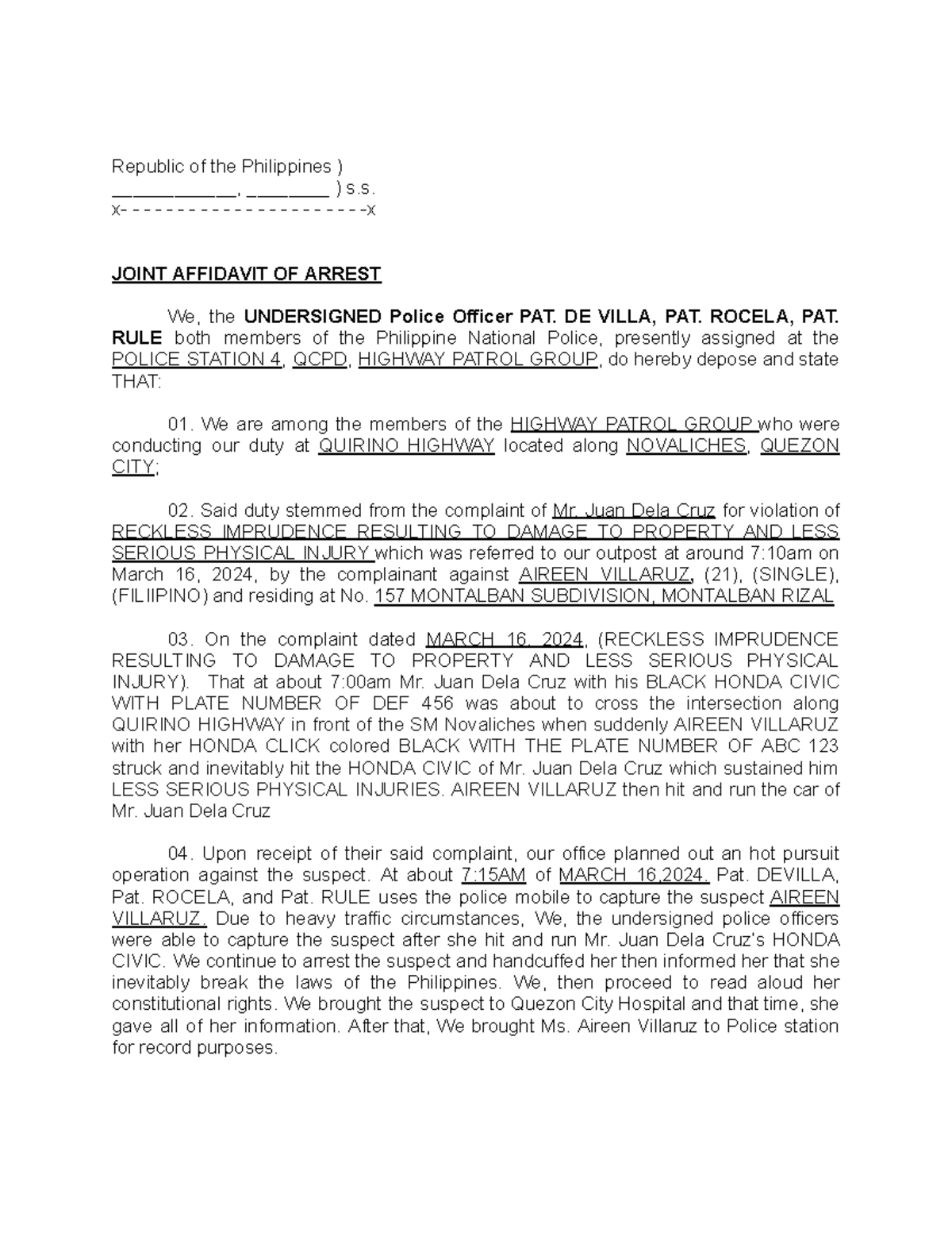 Joint Affidavit of Arrest - AIREEN VILLARUZ Case – March 2024 - Studocu