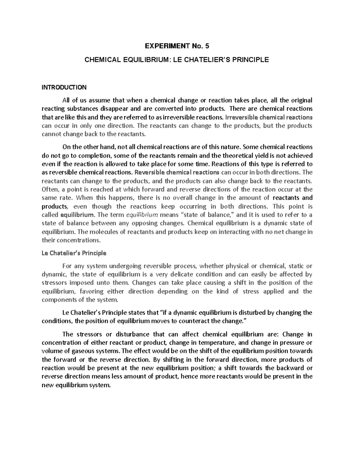 Chemical Equilibrium Experiment No. 5: Le Chatelier's Principle ...