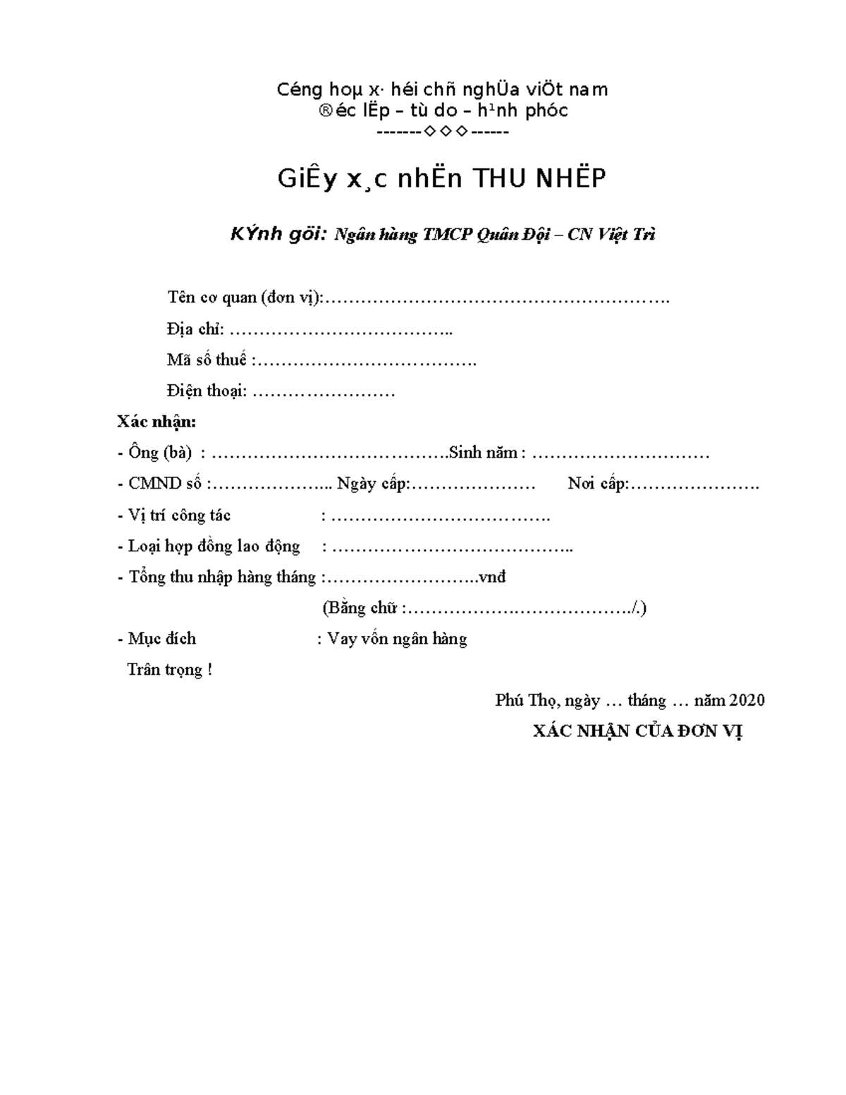 Giy x Ã¡c nhn thu nhp - Giấy xác nhận - Céng hoμ x· héi chñ nghÜa viÖt ...