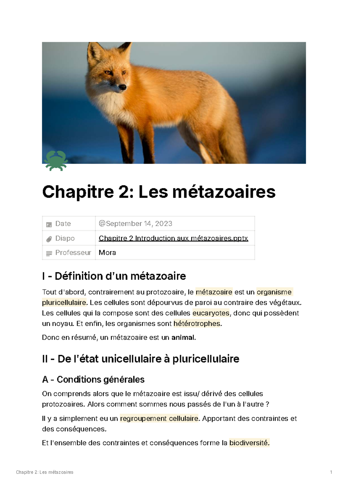 Chapitre 2 : Introduction aux métazoaires et leur évolution - Studocu