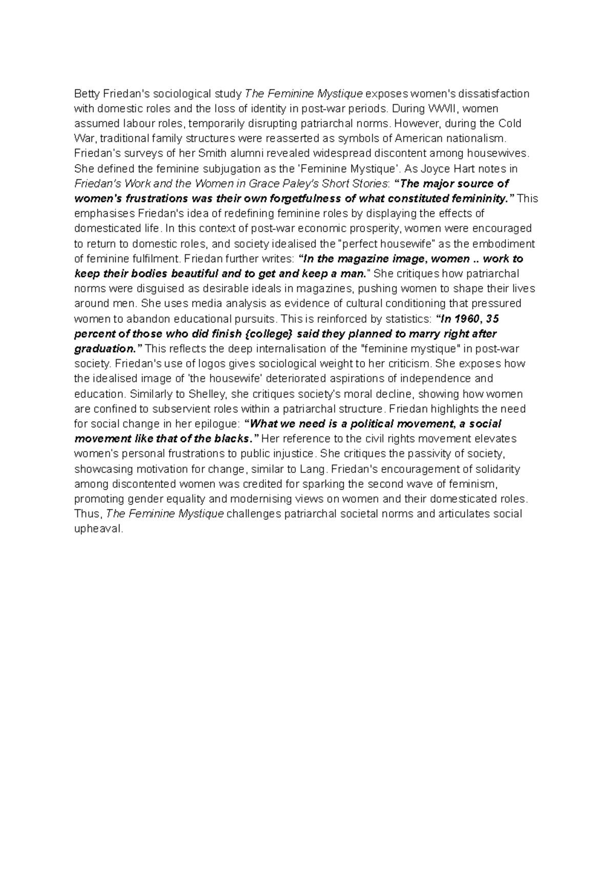 WOU Essay: Analyzing The Feminine Mystique and Gender Roles - Studocu