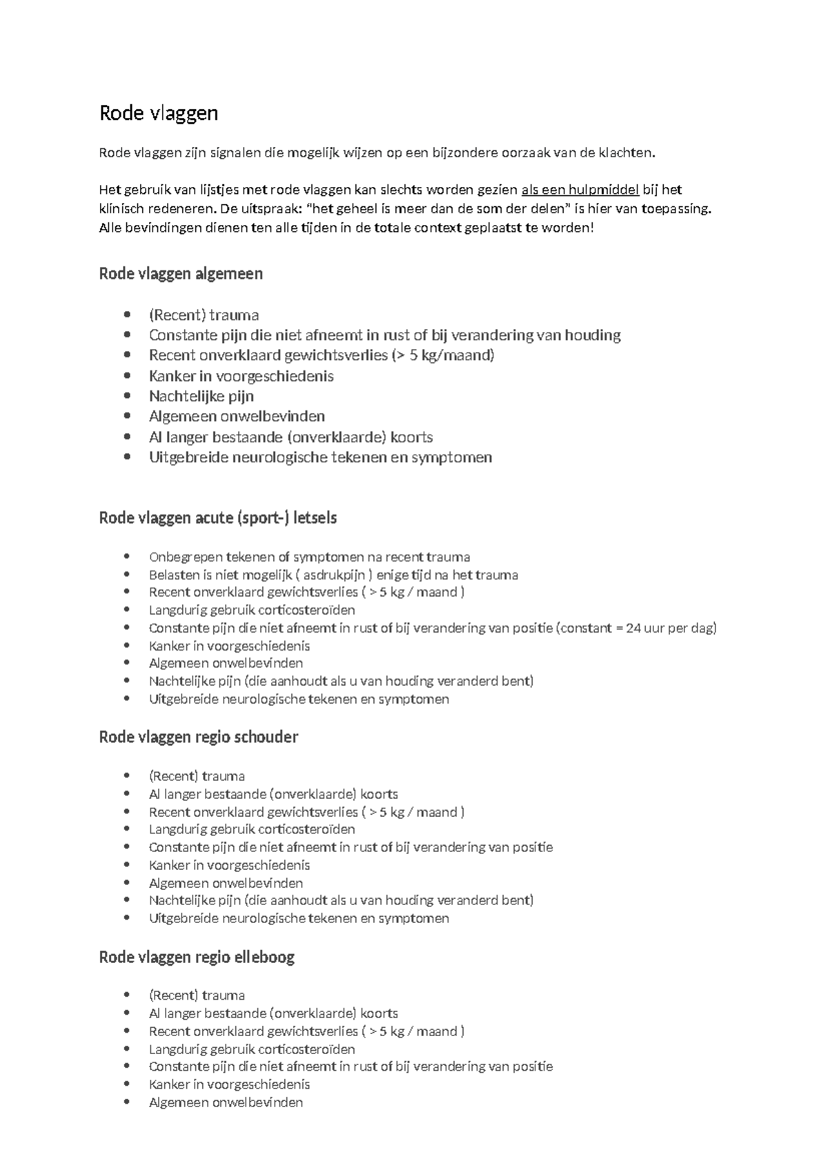 Rode Vlaggen per Regio - Samenvatting Fysiotherapie & Klinische ...