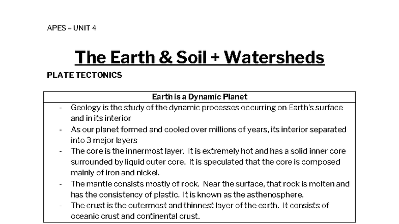 APES UNIT 4: Earth, Soil, Watersheds & Plate Tectonics Notes - Studocu