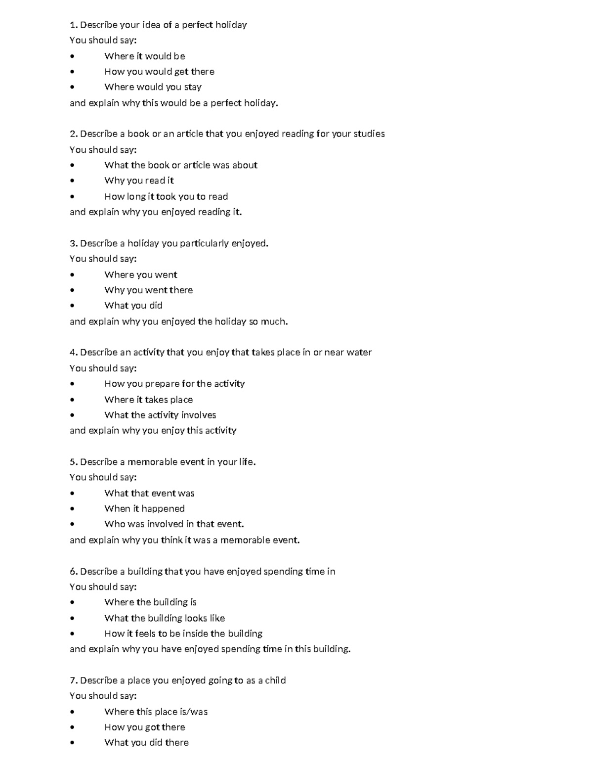 English Speaking Part 2 - Descriptive Topics and Experiences - Studocu