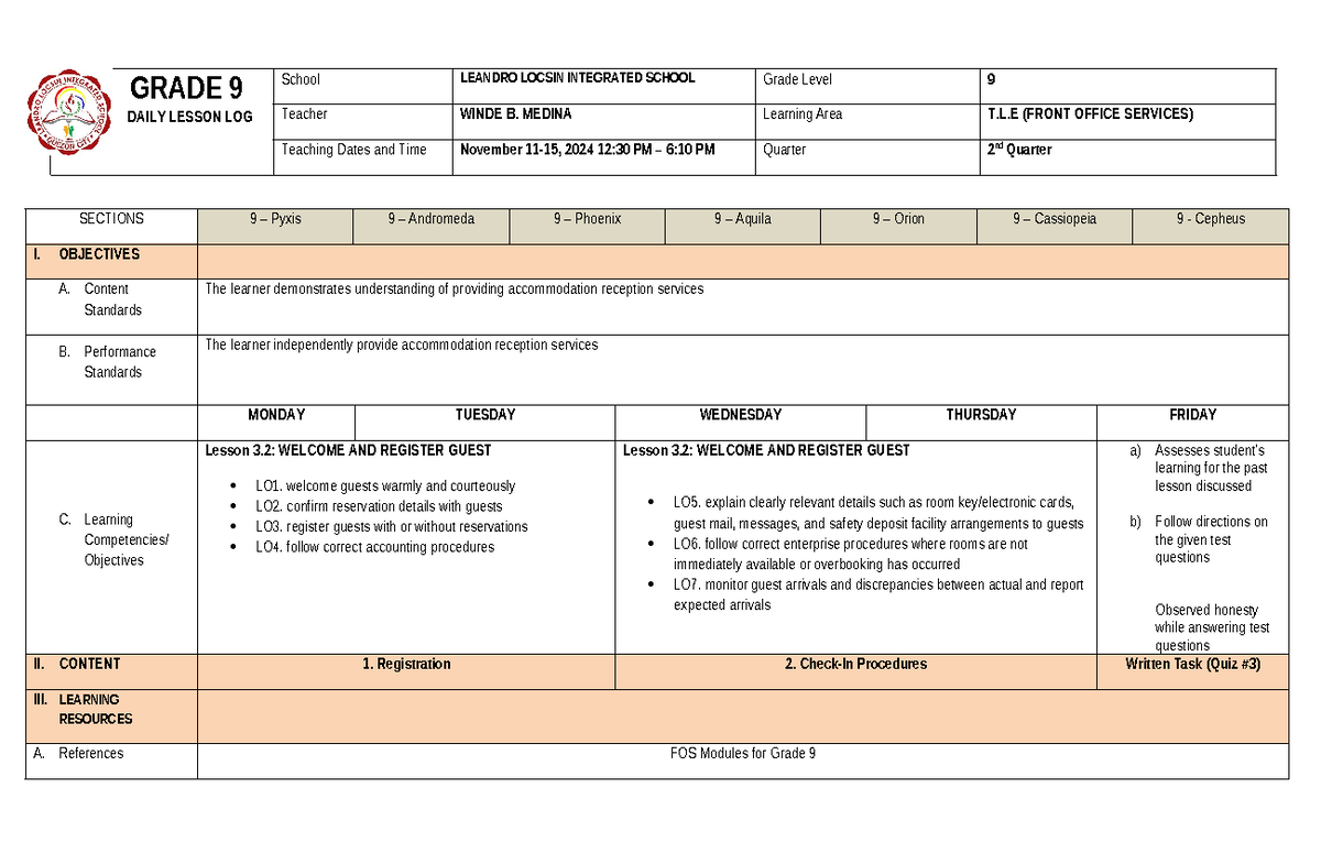 FOS-DLL Q2W7: Grade 9 Daily Lesson Log for Front Office Services - Studocu