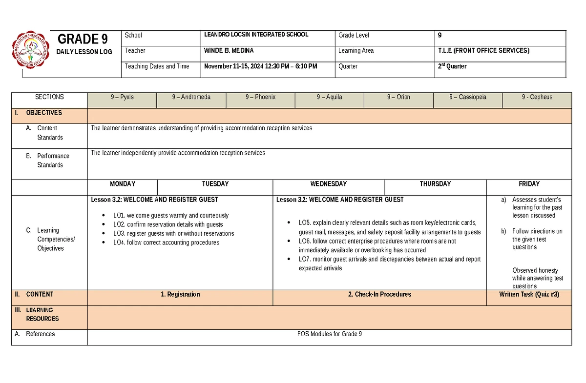 FOS-DLL Q2W9: Daily Lesson Log for Grade 9 Front Office Services - Studocu