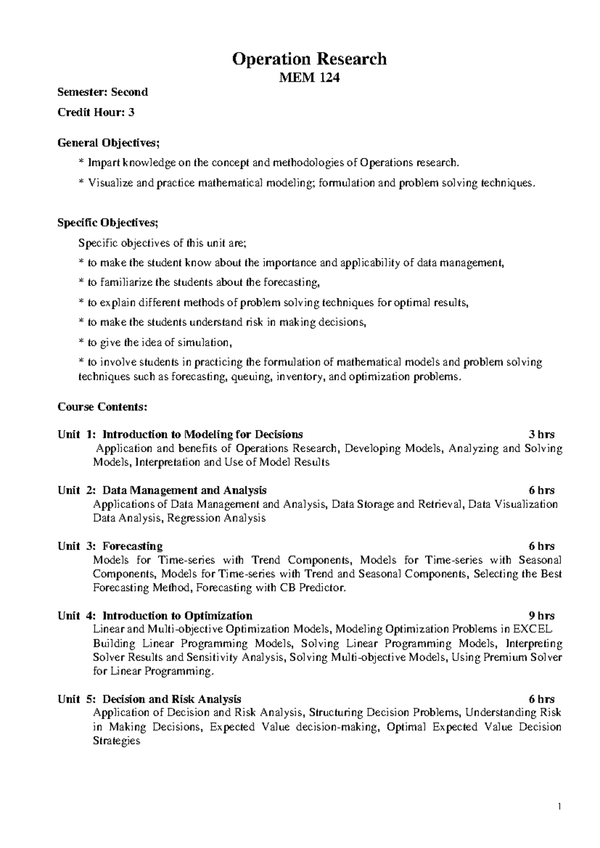 Operation Research MEM 124: Concepts & Methodologies Overview - Studocu