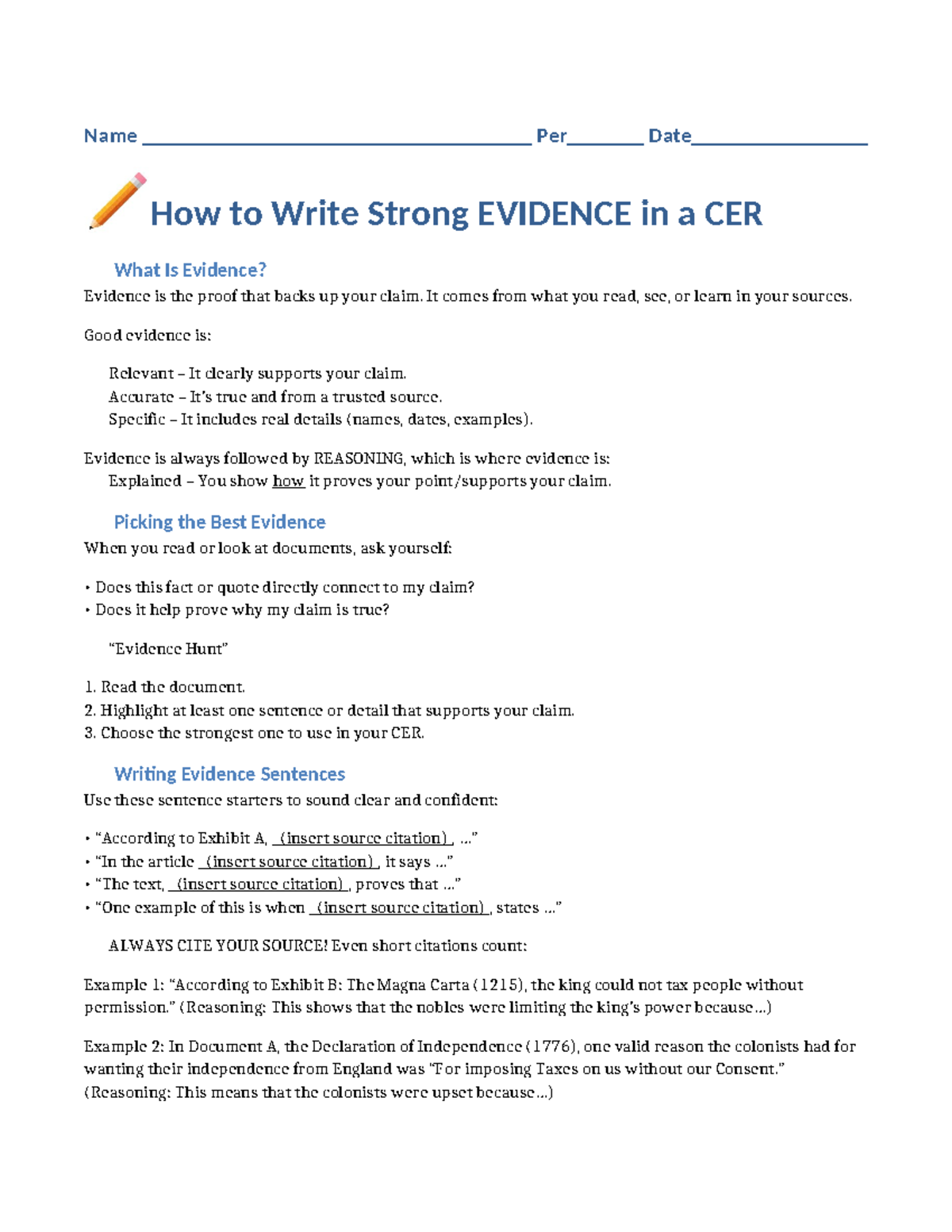 CER Evidence Writing Lesson - Final Draft Guide - Studocu