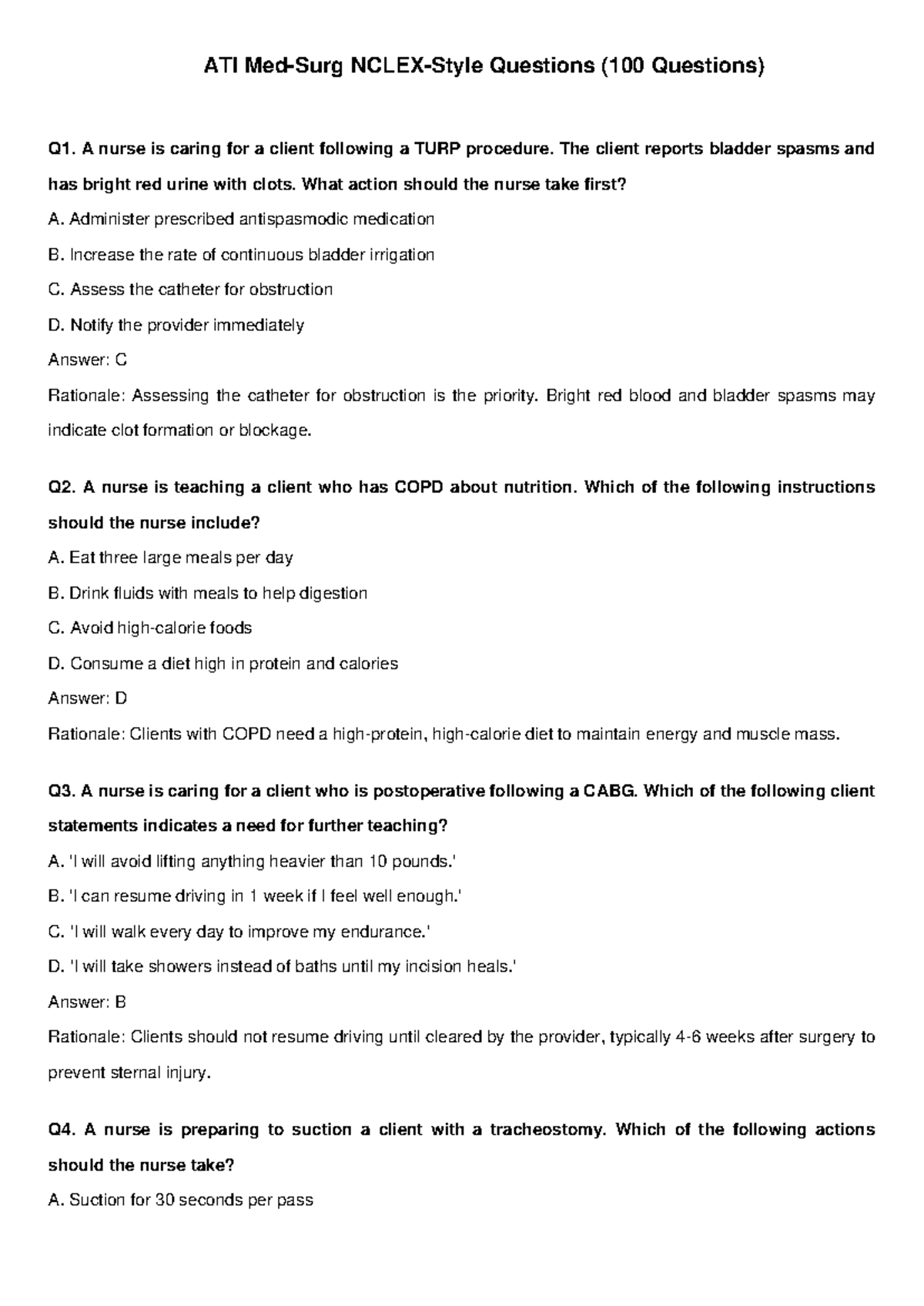 ATI Med Surg 100 Questions: Key Nursing Interventions and Rationale ...